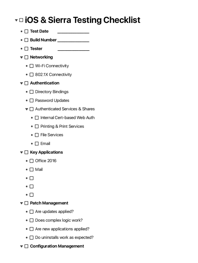 Fillable Online iOS & Sierra Testing Checklist Fax Email Print - pdfFiller