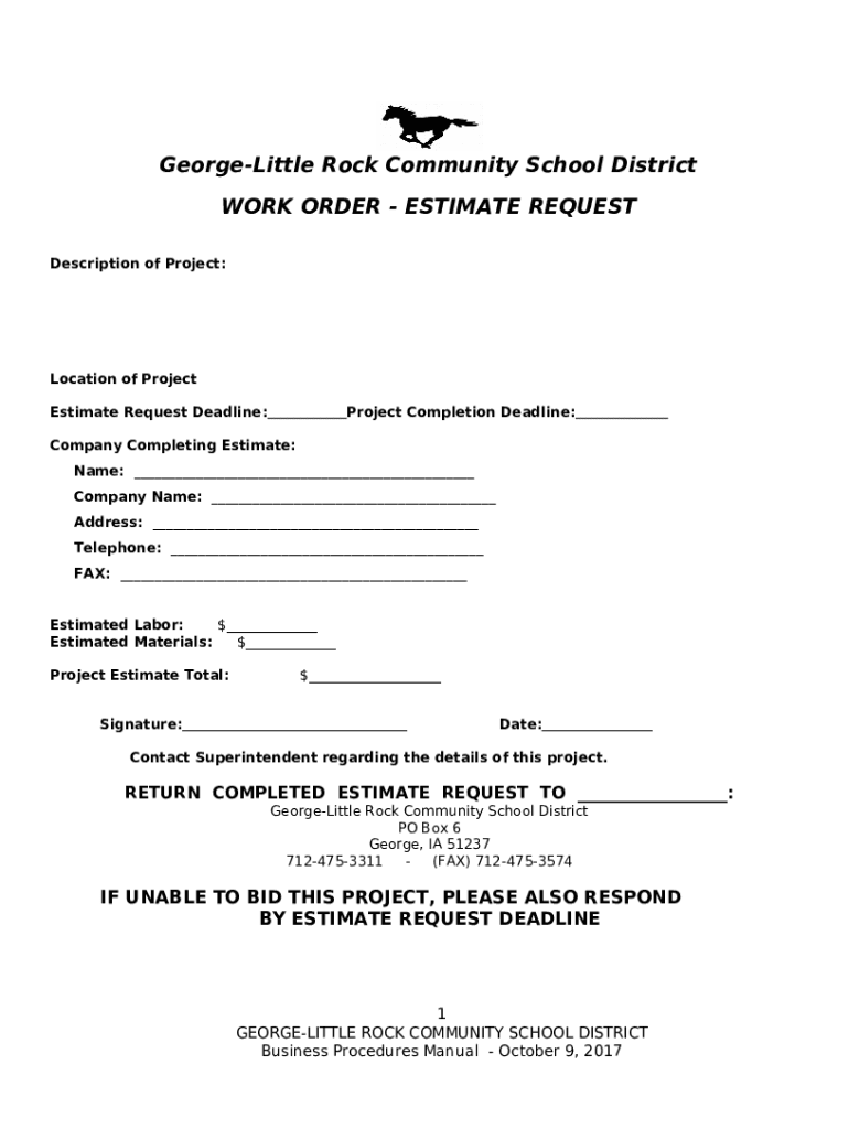Work Order Estimate Request Doc Template | pdfFiller