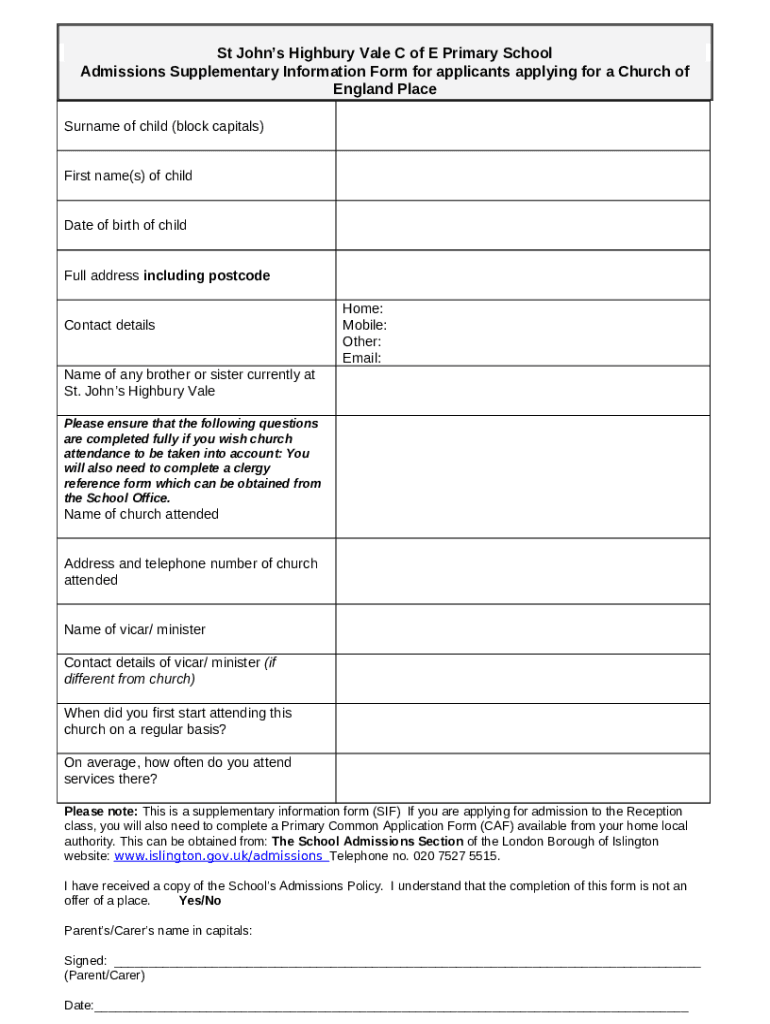 Admissions-Supplementary-Ination-. ... - stjhv islington sch Doc Template | pdfFiller