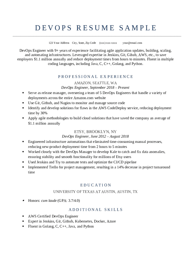 DevOps Resume Sample & Writing Tips Doc Template | pdfFiller