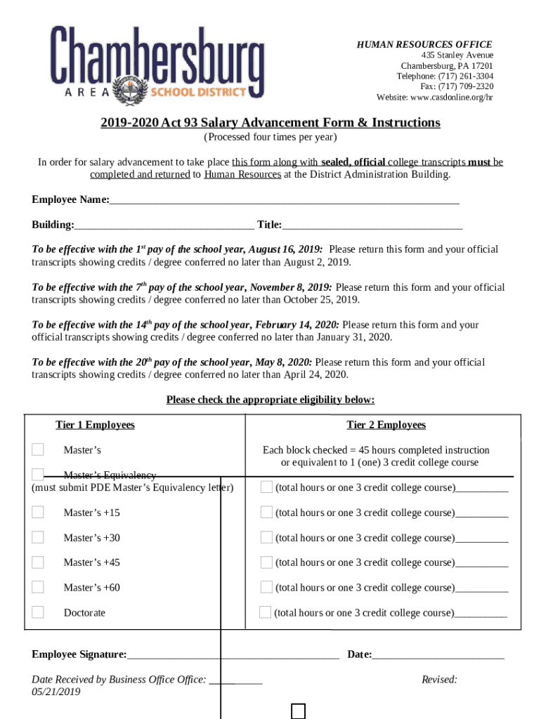 2019-2020 Act 93 Salary Advancement & Instructions Doc Template | pdfFiller