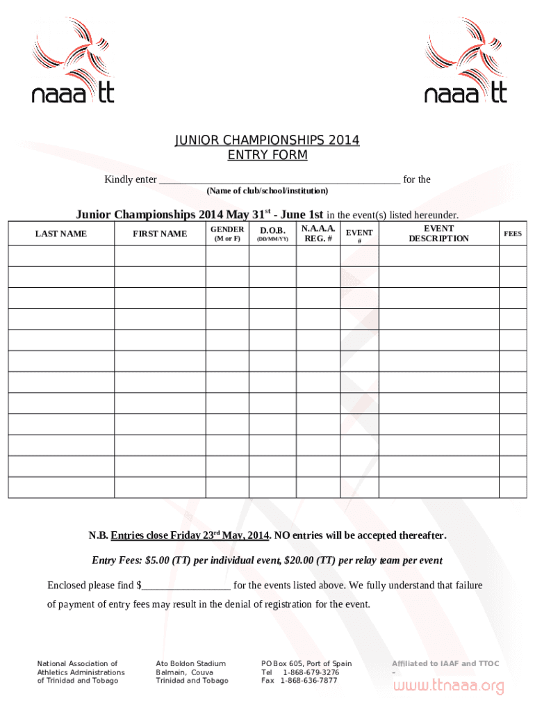 junior championships 2014 entry Doc Template | pdfFiller