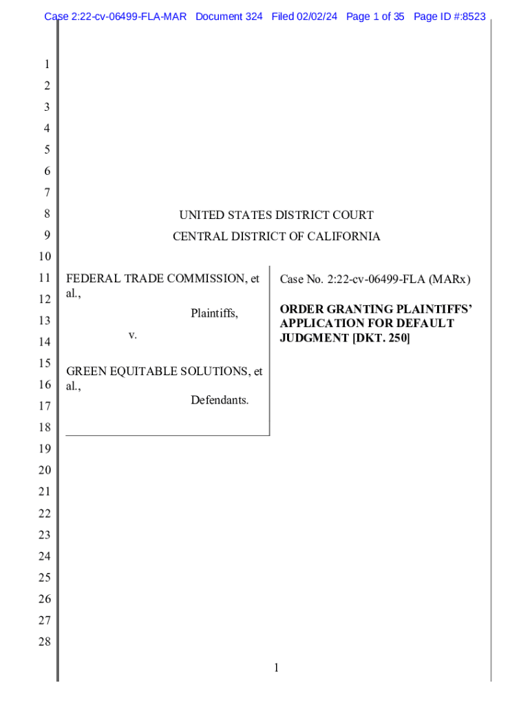 Fillable Online Order Granting Plantiffs' Application for Default ...