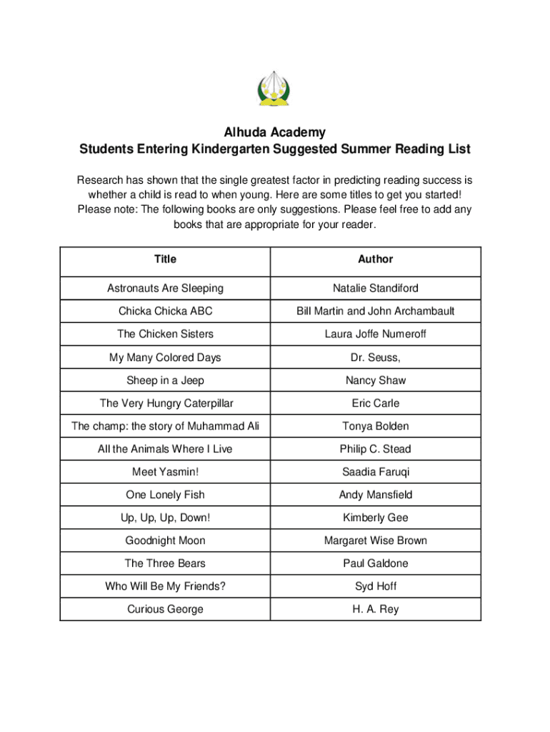Fillable Online Summer Reading for students entering Kindergarten Fax ...