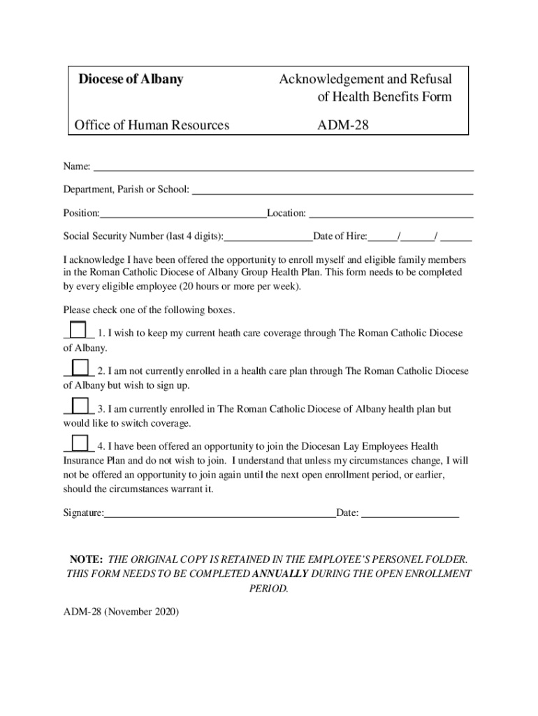 Fillable Online ADM-28 Acknowledgement and Refusal of Health Benefits ...