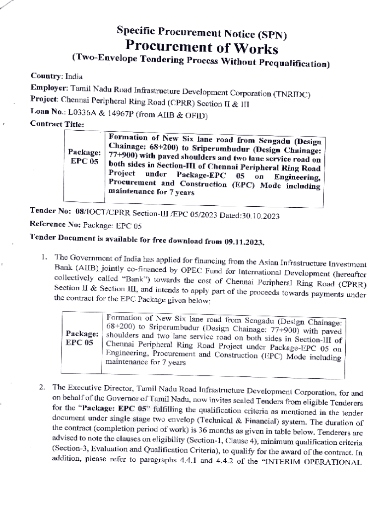 Fillable Online Chennai Peripheral Ring Road Project (CPRR) Sections II ...