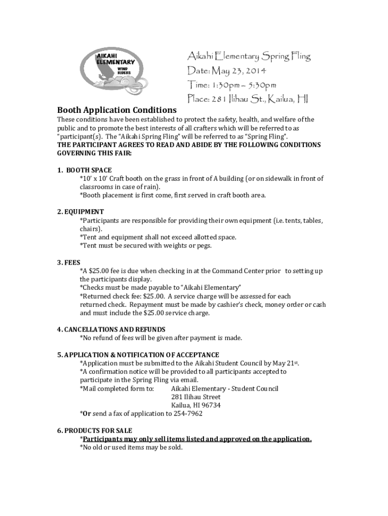 Fillable Online Booth Application Conditions Aikahi Elementary Spring Fling Date Fax Email Print ...