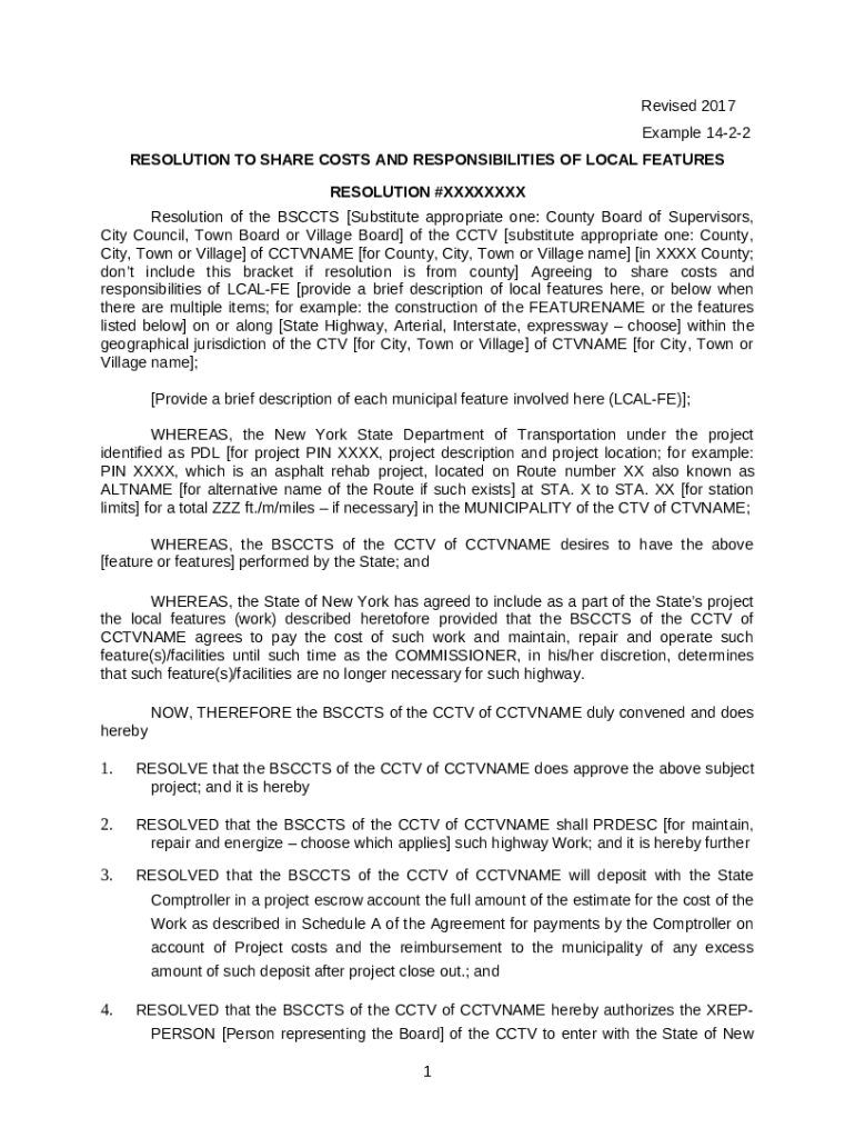 Example 14-2-2 Resolution to Share Costs ... - New York State Doc Template | pdfFiller