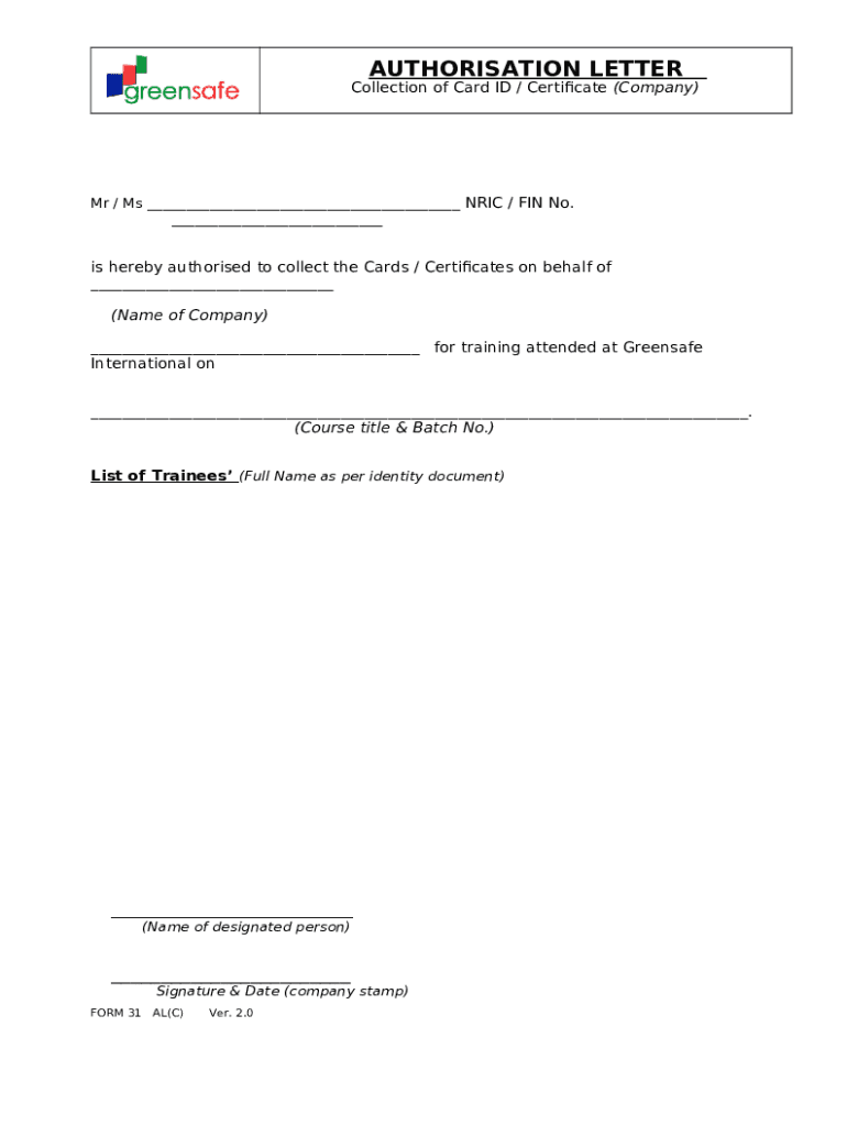 Authorization Letter to collect Course Pass / Certificate Doc Template ...