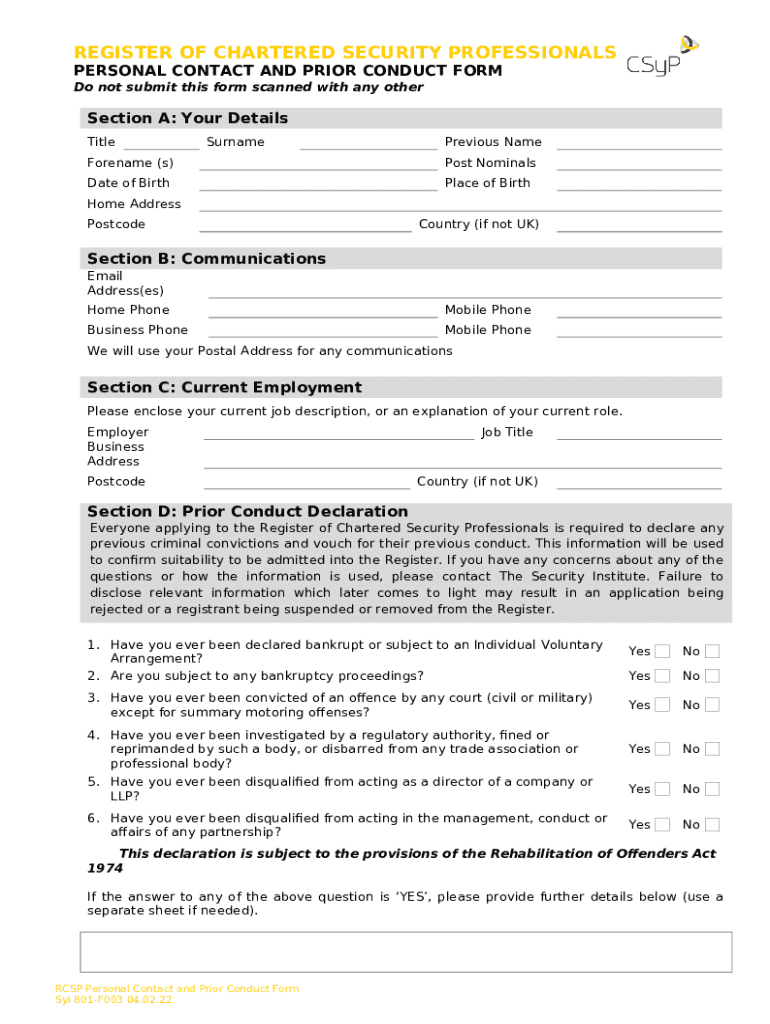 RCSP Personal Contact and Prior Conduct Doc Template | pdfFiller