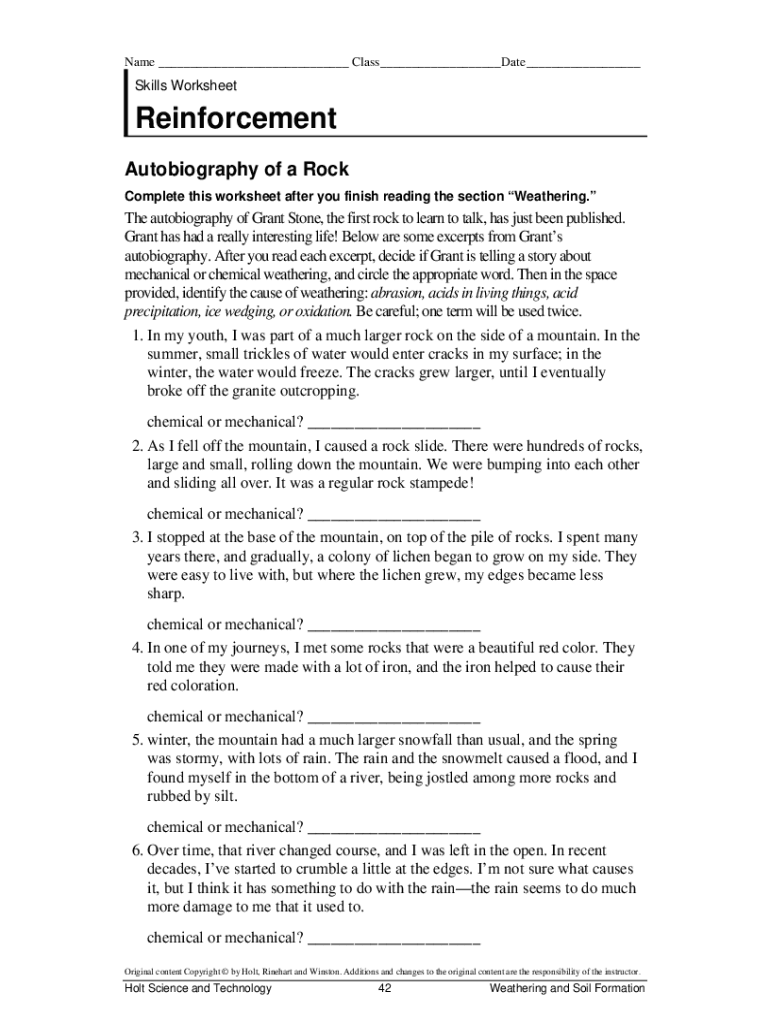 Fillable Online 10.1 Reinforcement Worksheet - Answer Key - Weathering ...