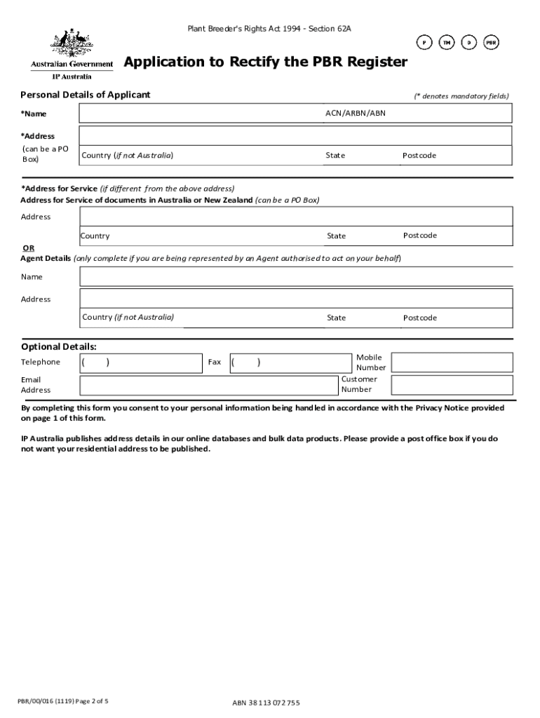 Fillable Online Application to Rectify the PBR Register Fax Email Print - pdfFiller