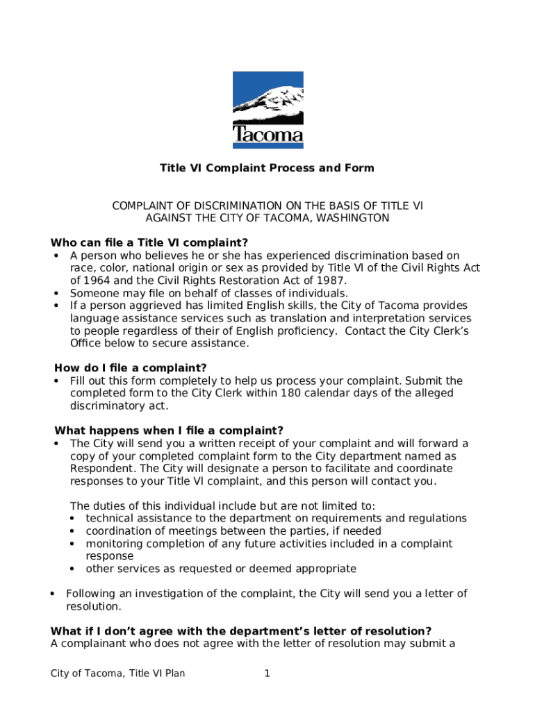 City of Tacoma Title VI Discrimination Complaint Doc Template | pdfFiller