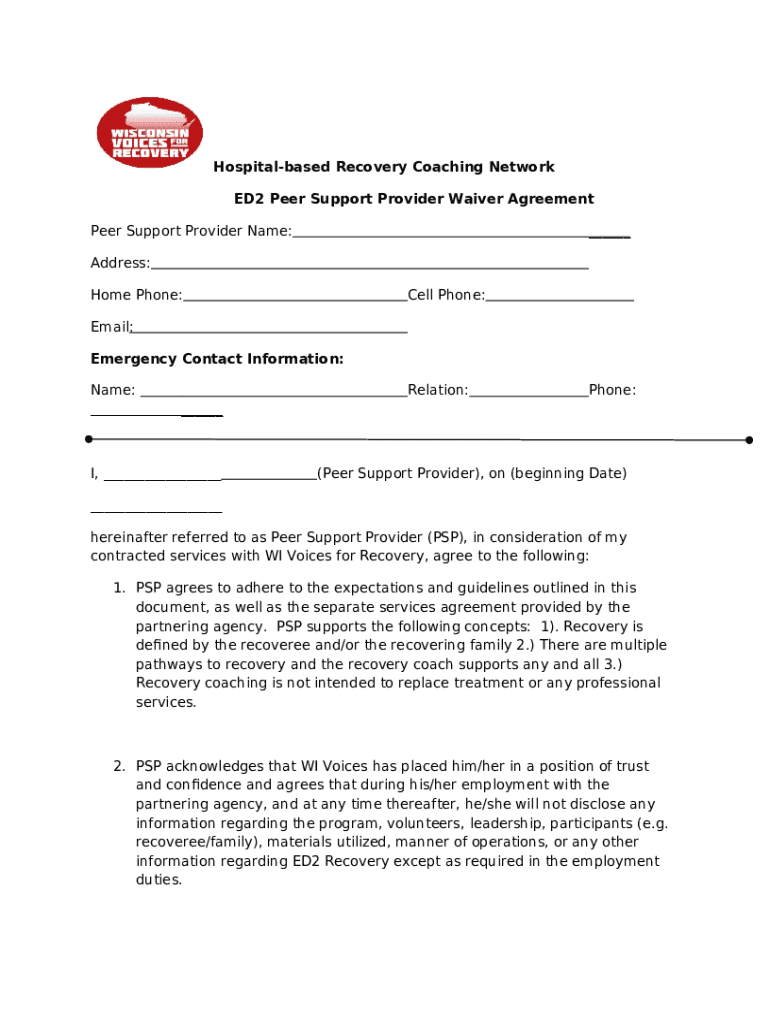 Peer Support Provider Waiver Agreement. ... Doc Template | pdfFiller