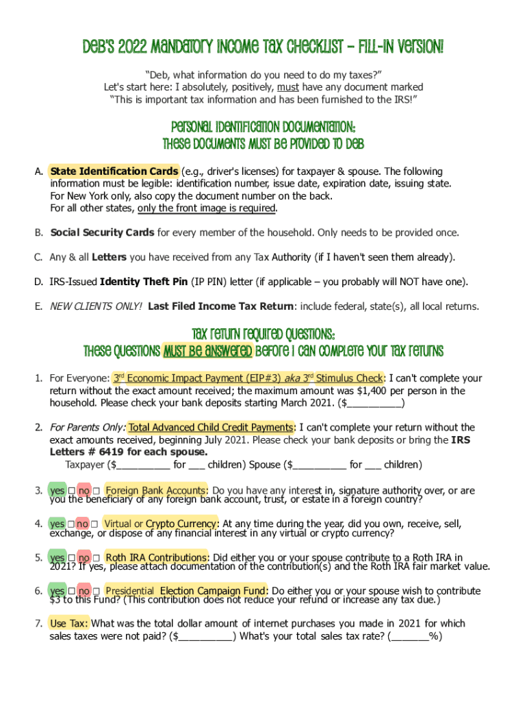 Fillable Online Deb's 2022 MANDATORY income tax checklist fill-in ...