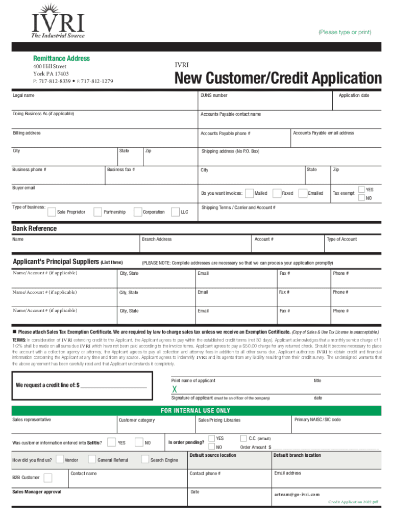 Fillable Online New Customer/Credit Application - York Fax Email Print ...