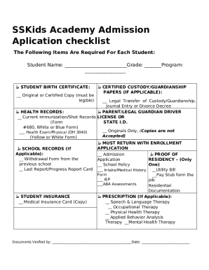 SSKids Academy Admission Aplication checklist Doc Template | pdfFiller