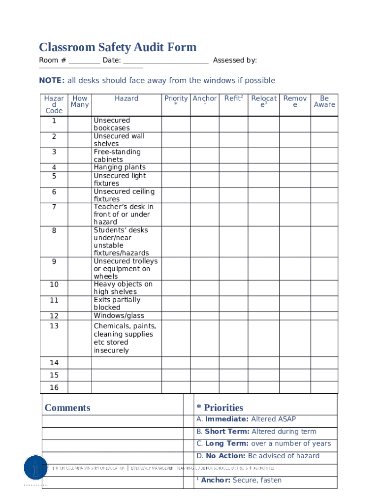 Classroom safety audit (DOC) Doc Template | pdfFiller