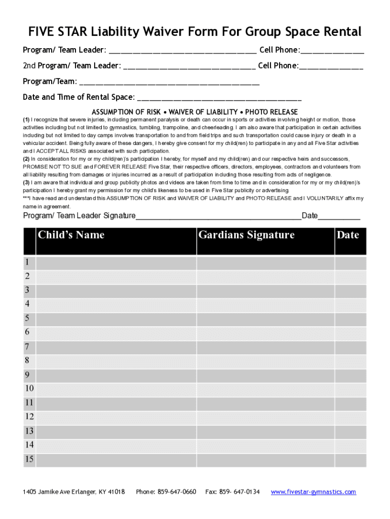 Fillable Online FIVE STAR Liability Waiver Form For Group Space Rental ...