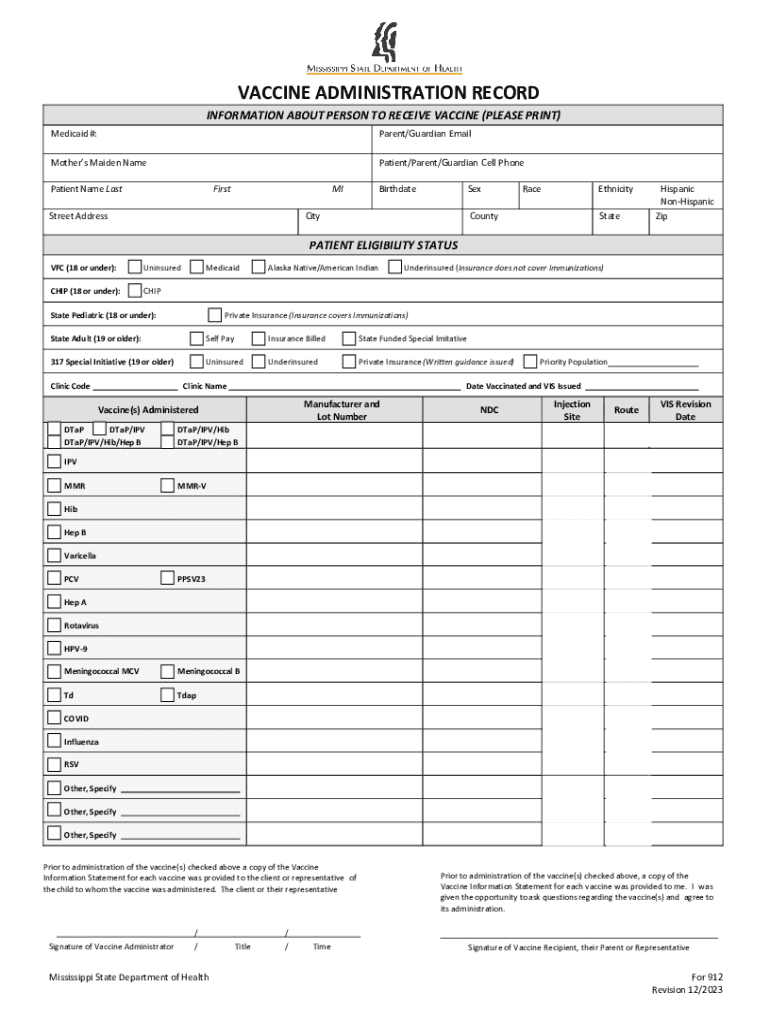 Fillable Online msdh ms Vaccines for Children Program (VFC) Information ...