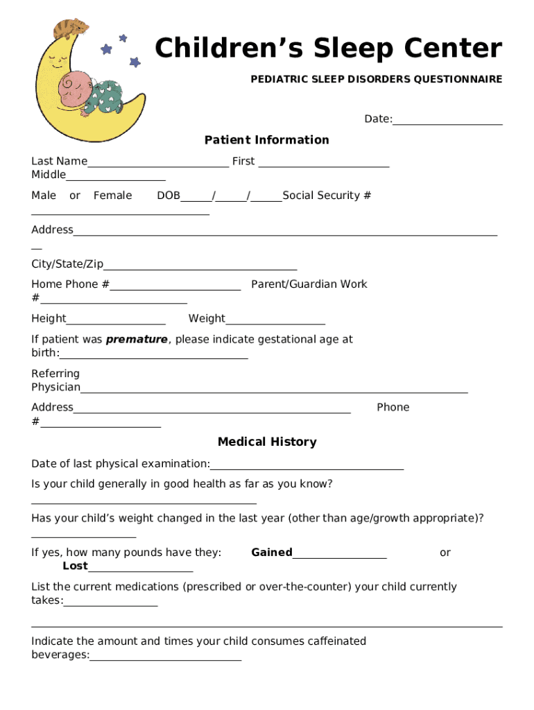 Pediatric Sleep Disorders Center Intake Questionnaire Doc Template ...