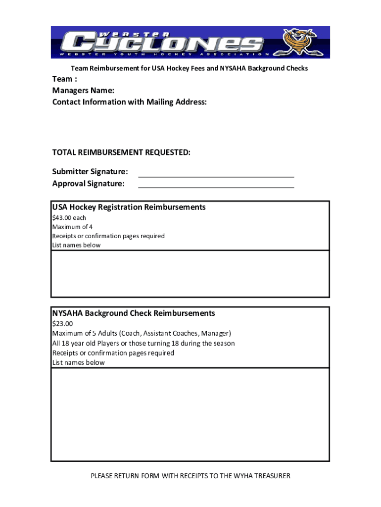 Fillable Online Team Reimbursement for USA Hockey Fees and NYSAHA Background Checks Fax Email ...
