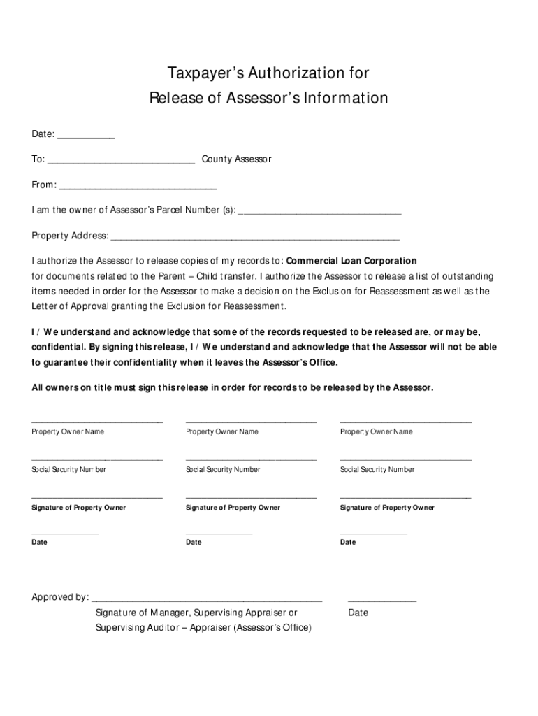 Fillable Online Taxpayer's Authorization for Release of Assessor's ...