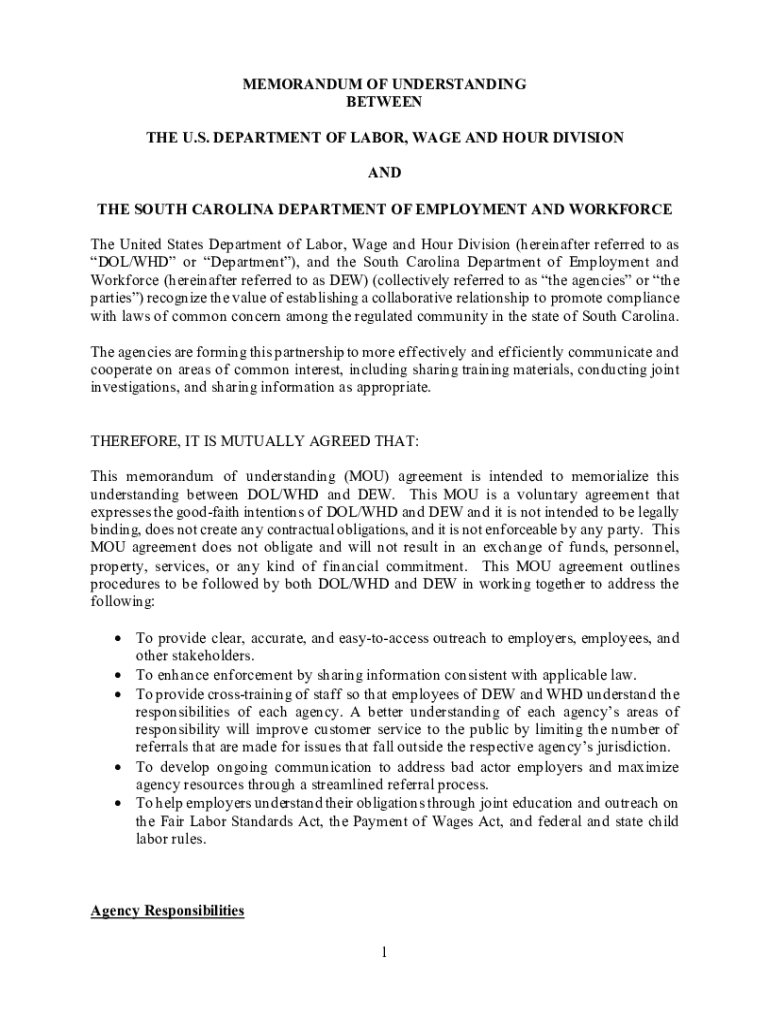 Fillable Online DOL/WHD or Department), and the South Carolina ...