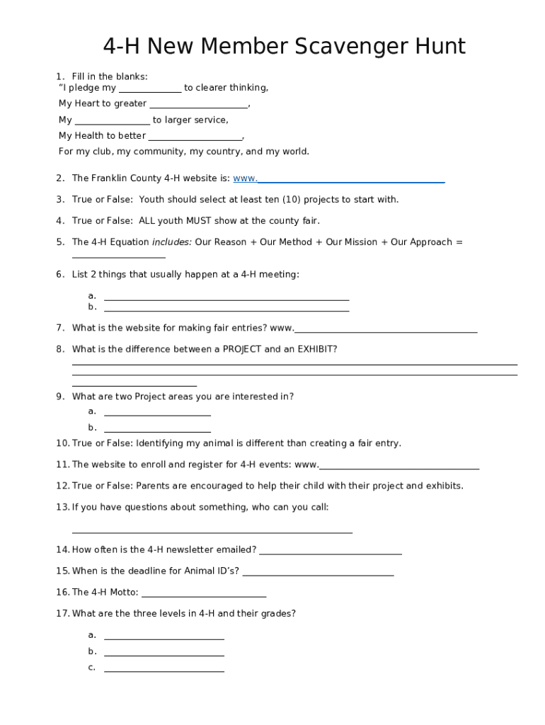4-H Handbook Scavenger Hunt Doc Template | pdfFiller