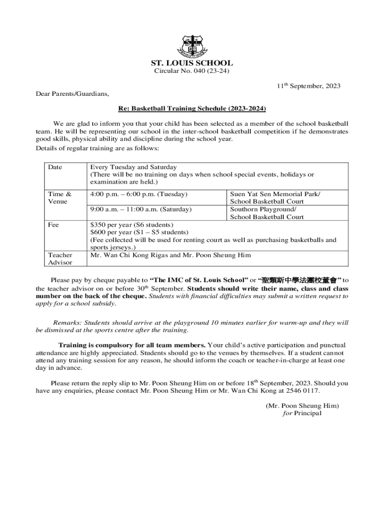 Fillable Online Basketball Training Schedule- B & C Grade (2022-2023 ...