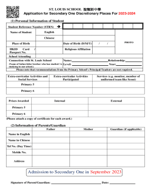 Fillable Online Admission to Secondary One in September 2023 Fax Email ...