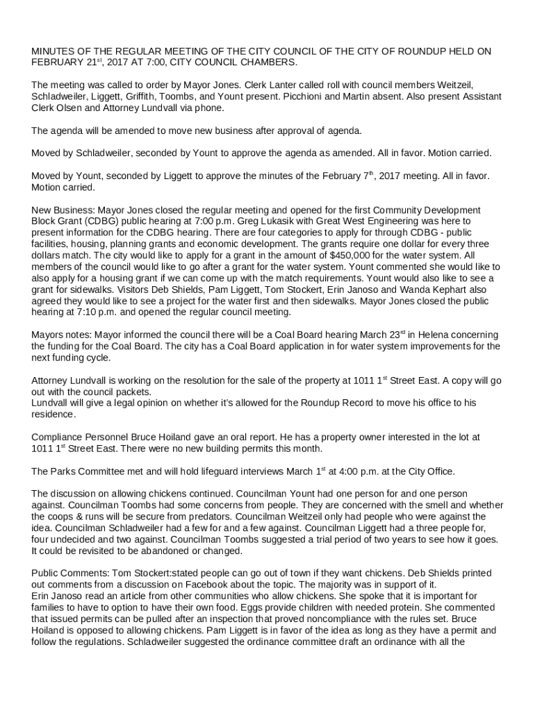 Clerk Lanter called roll with council members Weitzeil, Schladweiler, Liggett, Griffith, Toombs ...