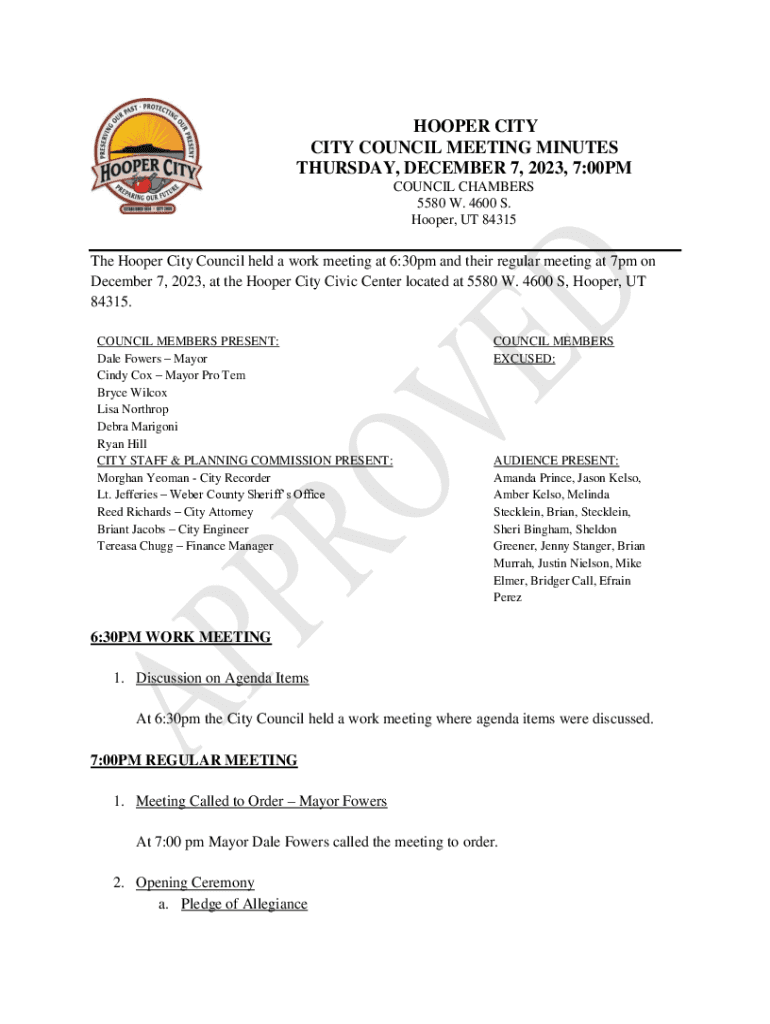 Fillable Online hooper city city council agenda december 7, 2023 7:00pm ...