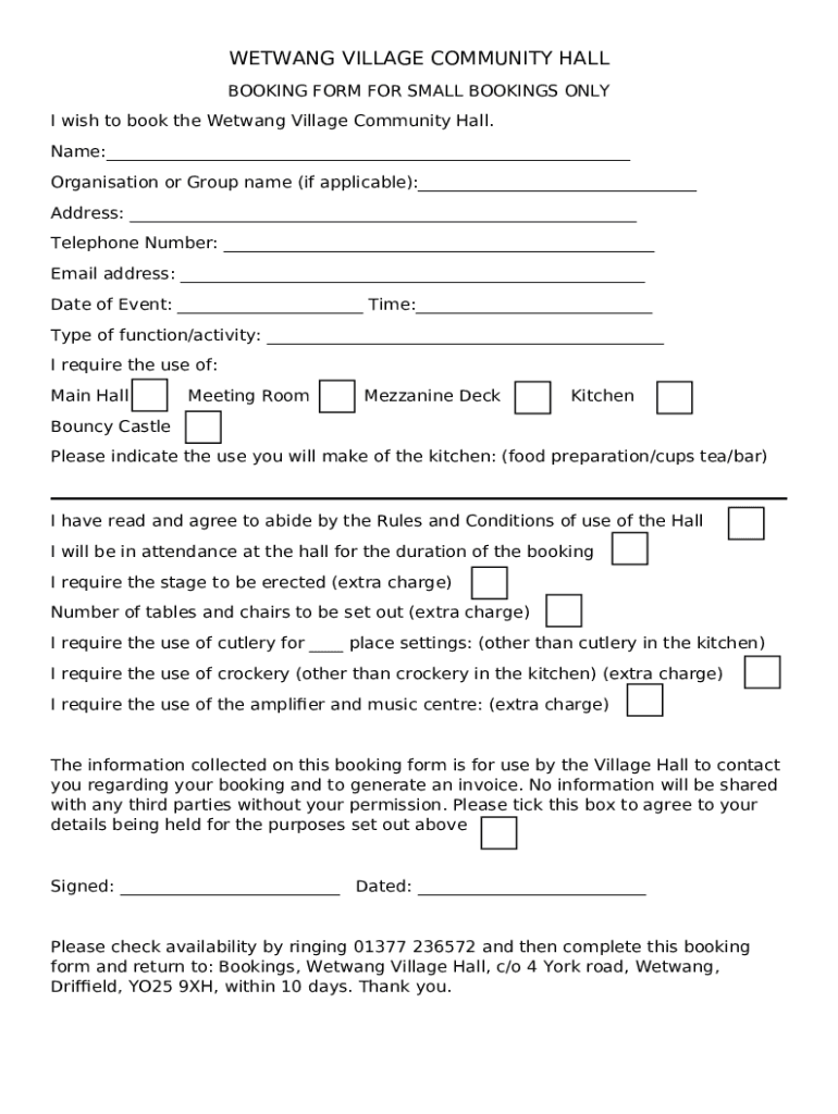 ALREWAS VILLAGE HALL CASUAL USER BOOKING Doc Template | pdfFiller