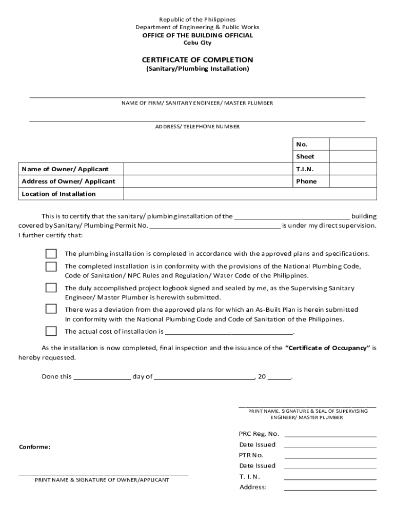 Fillable Online Occupancy permit certificate of completion sanitary plumbing Fax Email Print ...