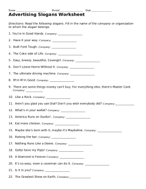 Sub Plan 1 Famous Advertising Slogans Worksheet - Name Doc Template ...