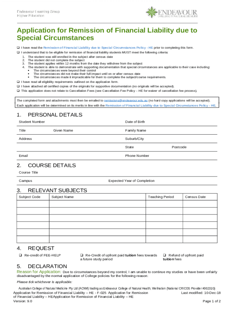 Application for Remission of Financial LiabilityHE Doc Template | pdfFiller