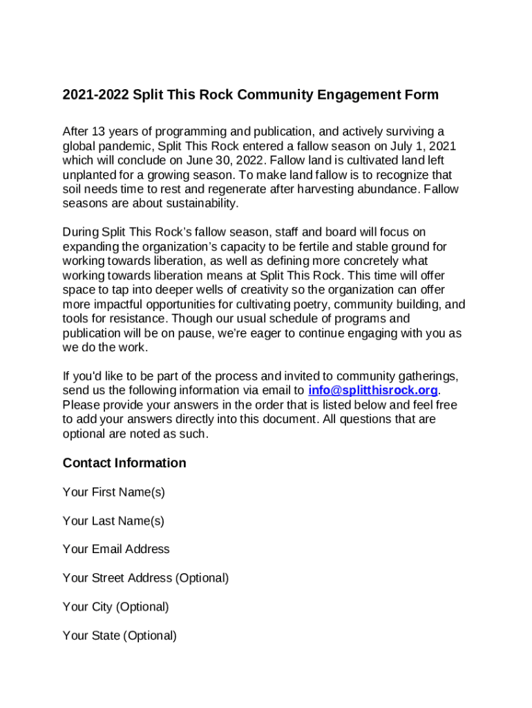 Split This Rock Community Engagement Doc Template | pdfFiller