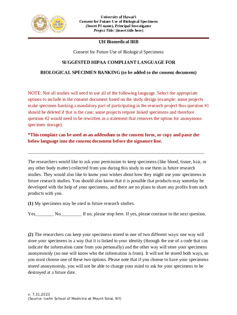 Adult Consent, Future Use of Biospecimen Doc Template | pdfFiller
