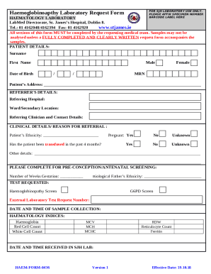 Haemoglobinoapthy Laboratory Request Doc Template | pdfFiller