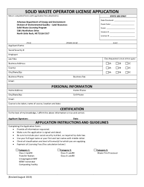 Fillable Online SOLID WASTE OPERATOR LICENSE APPLICATION Fax Email ...
