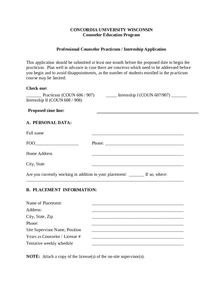 Professional Counselor Practicum / Internship Application - falcon cuw ...