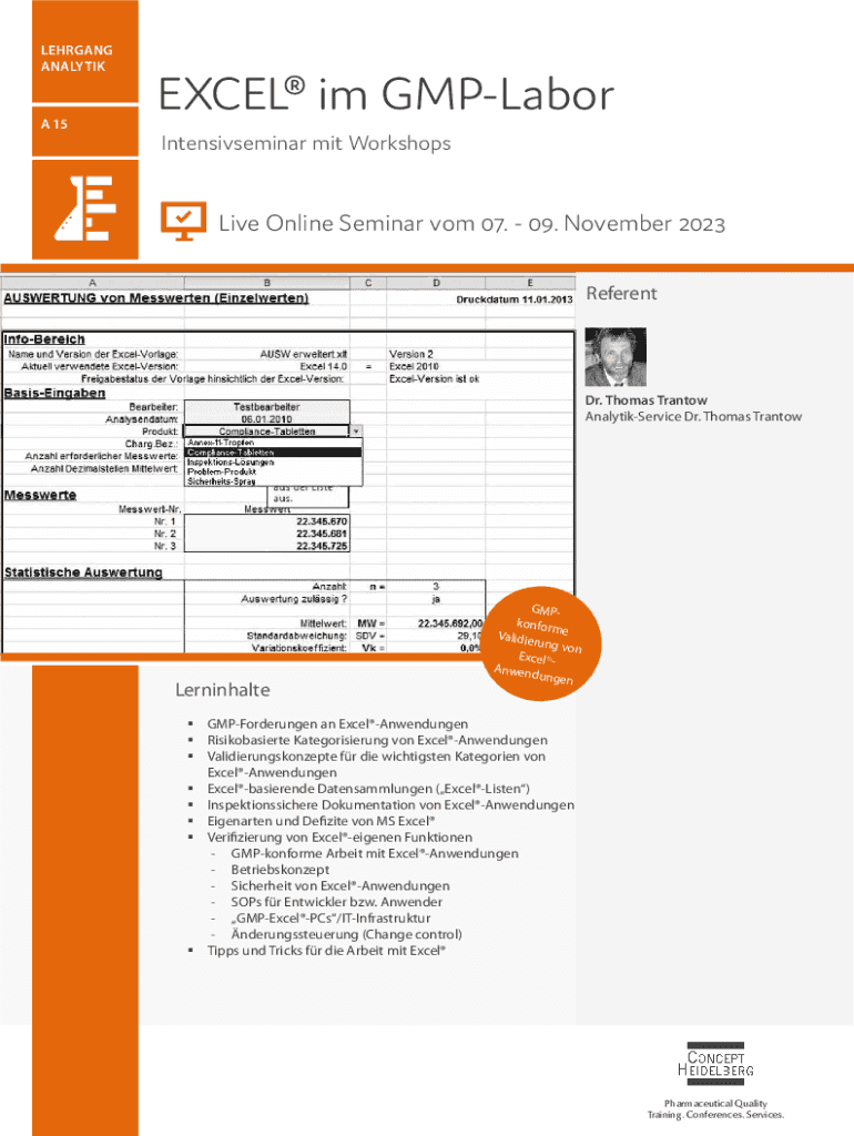 Ausfüllbar Online EXCEL im GMP-Labor -Intensivseminar mit Workshops ... Fax Email Drucken ...