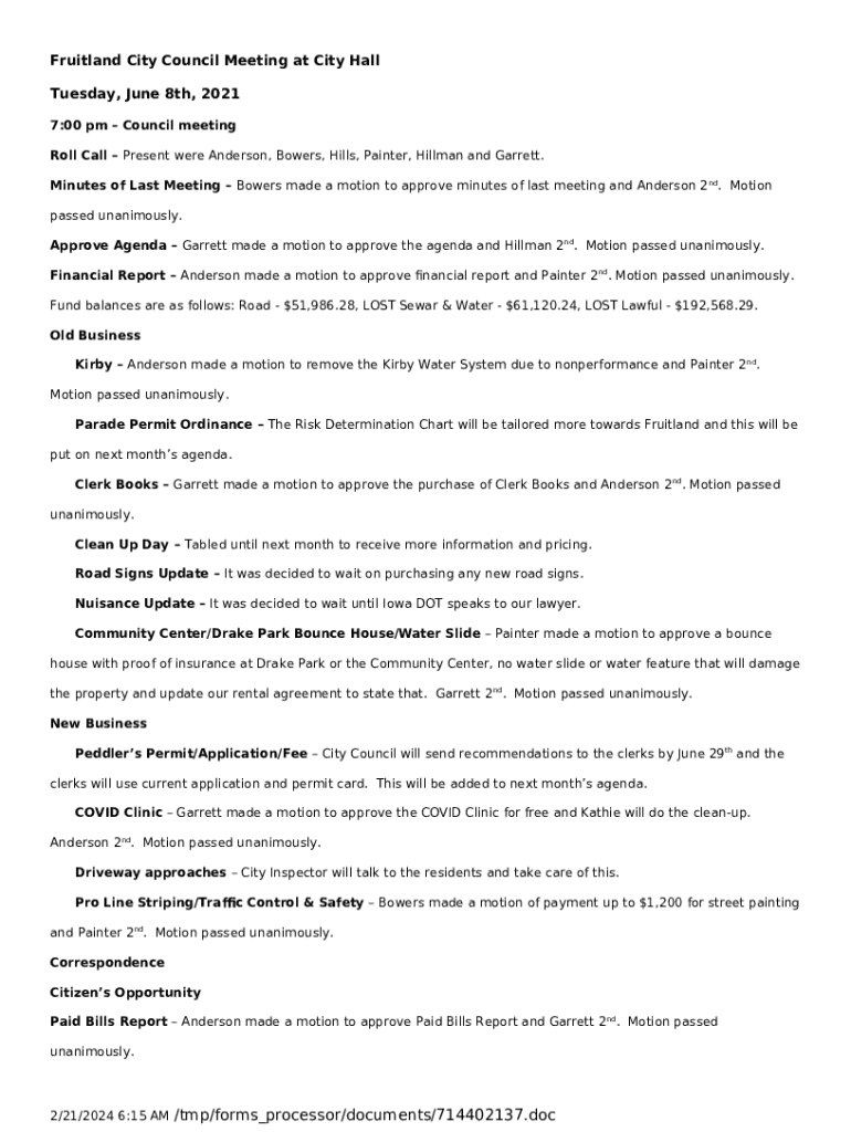 Roll Call Present were Anderson, Bowers, Hills, Painter, Hillman and ...