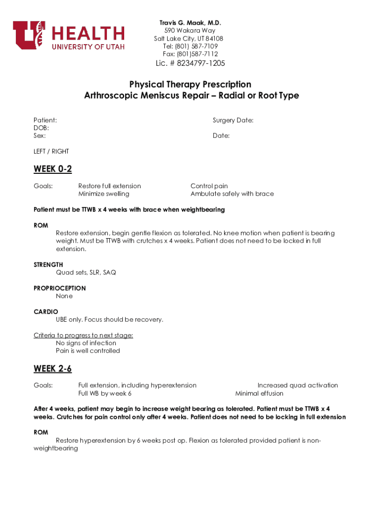 Fillable Online Physical Therapy Prescription Arthroscopic Meniscus ...