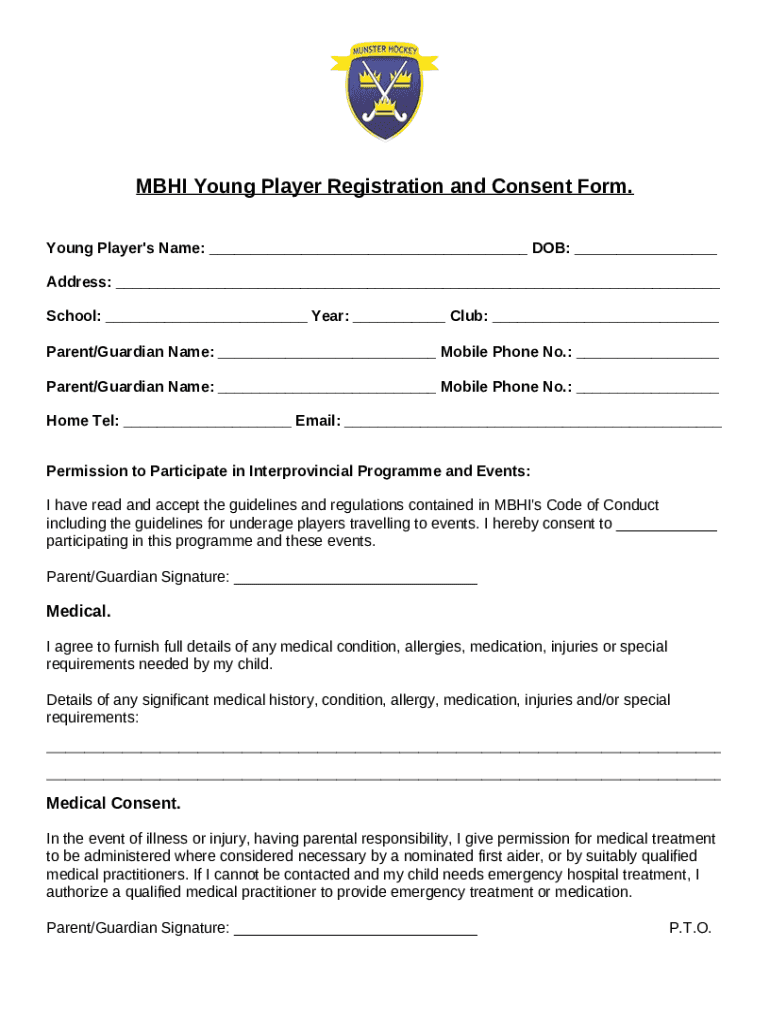 MBHI Young Player Registration and Consent Doc Template | pdfFiller