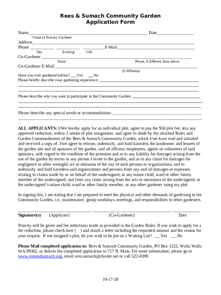 Rees & Sumach Community Garden Application Doc Template | pdfFiller