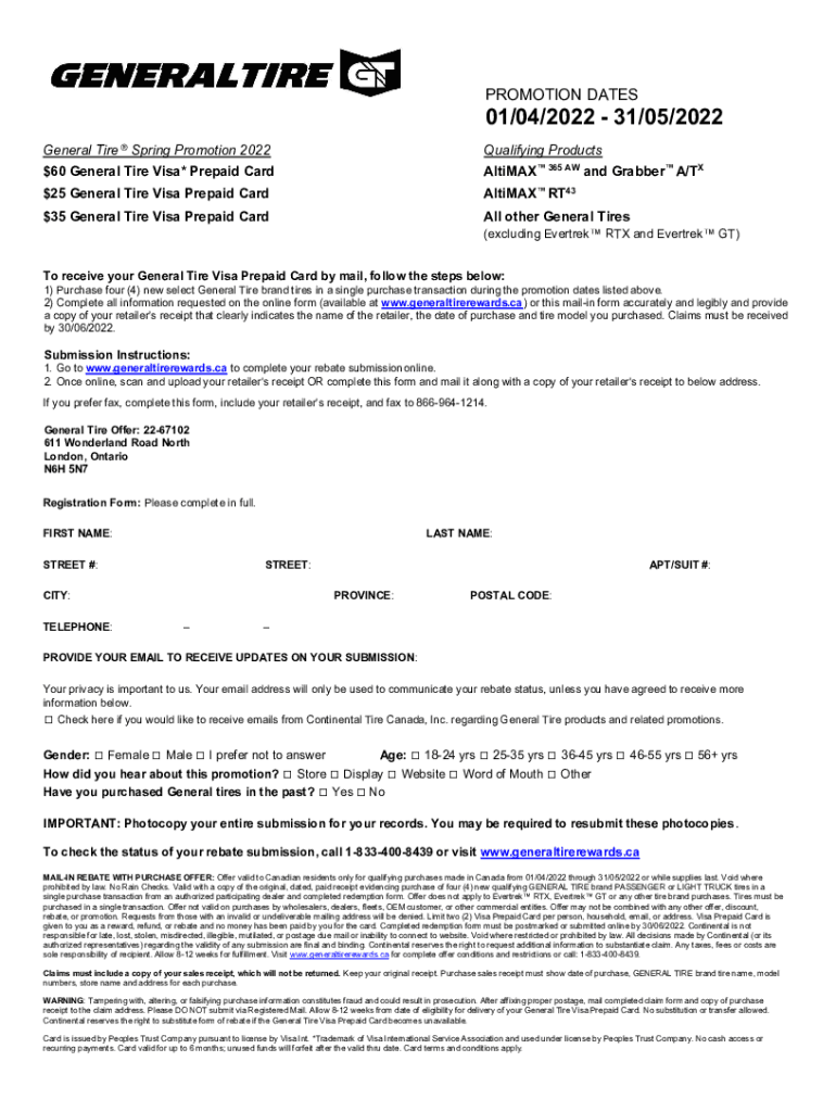 Fillable Online $60 General Tire Visa* Prepaid Card Fax Email Print ...