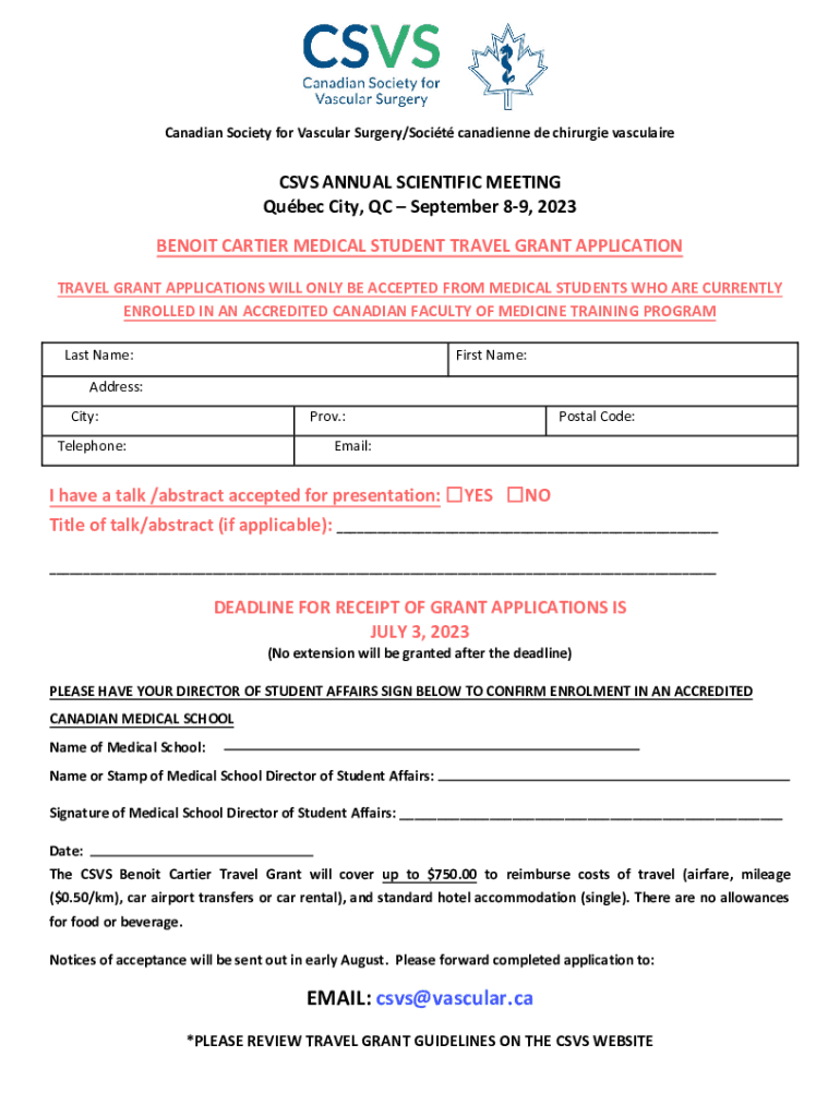 Fillable Online benoit cartier medical student travel grant application Fax Email Print - pdfFiller