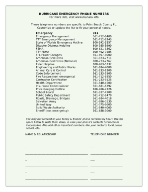HURRICANE EMERGENCY PHONE NUMBERS Doc Template | pdfFiller